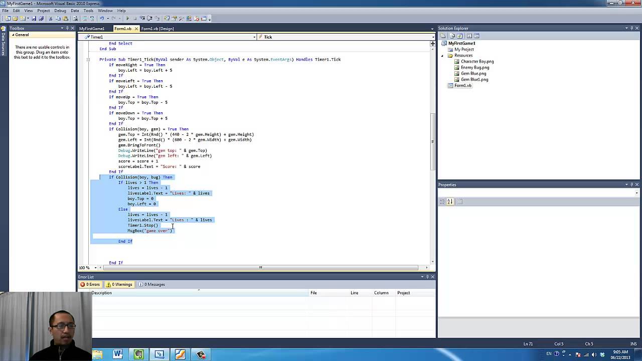 Games programming with visual basic lesson 4 - enemy object, subtract lives, start new game