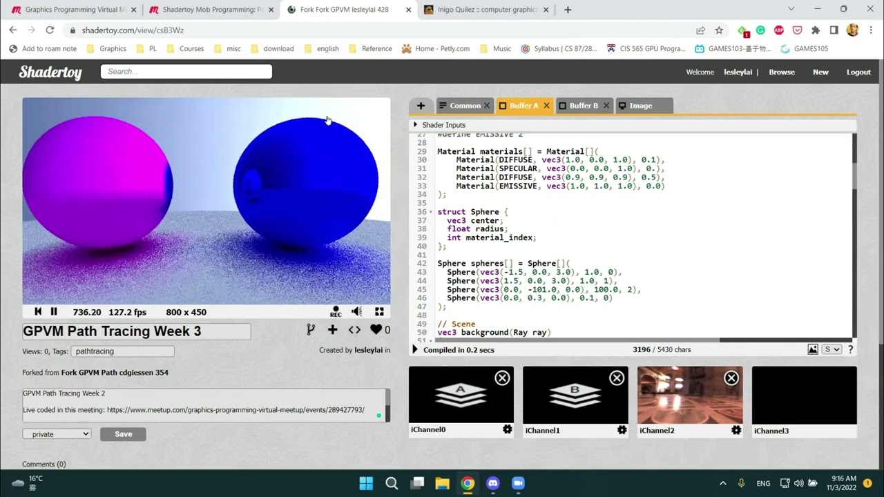Shadertoy Mob Programming: Path Tracing Week 3 [2022-11-02]