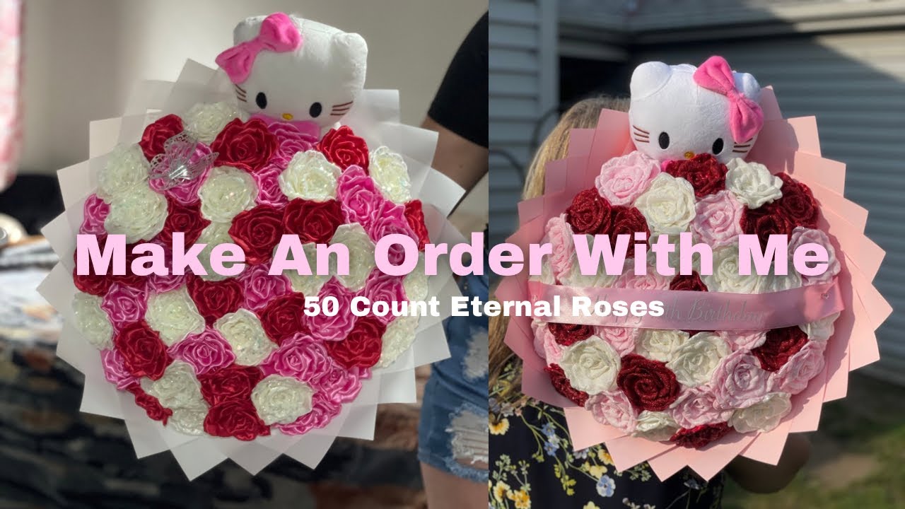Make A 50 count Hello Kitty Eternal Rose Bouquet W Me! (Steps to making a bouquet)