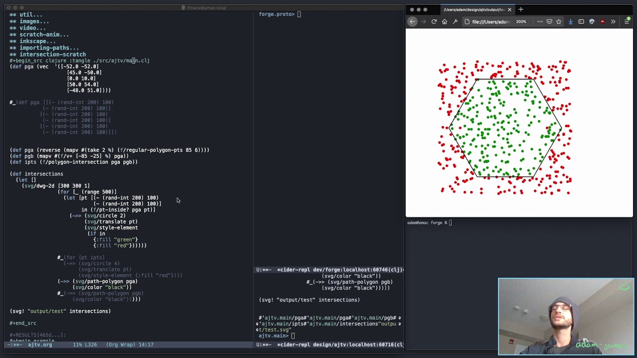 Coding CAD with Clojure - Polygon Union Algorithm work - Clojure dev. VOD 67