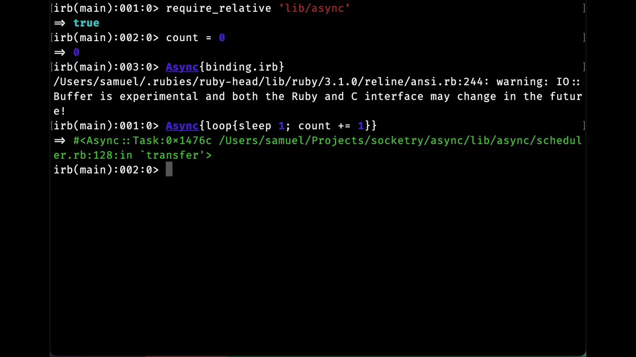 Asynchronous Interactive Ruby (IRB) using the Fiber Scheduler.