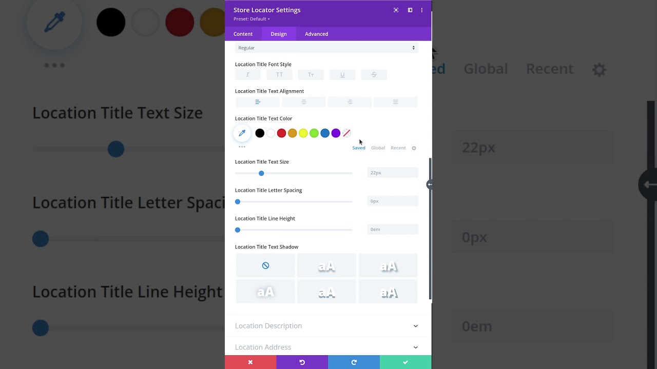 Location Title (Design Tab) - Divi Store Locator Module Settings