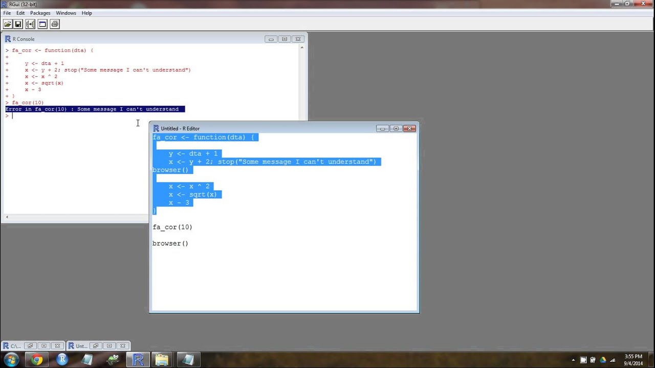 Using R's browser() function to debug code