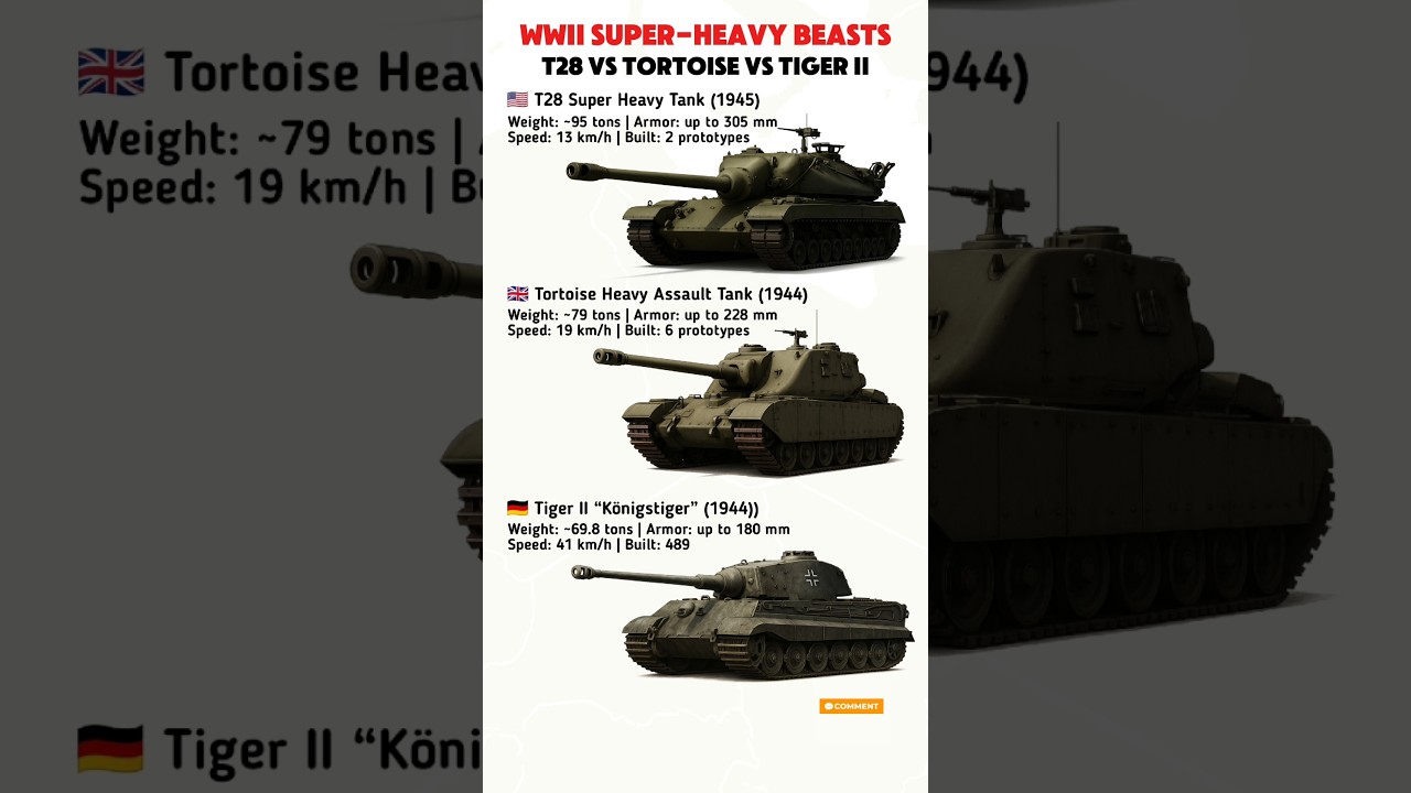 WWII Super Heavy Tanks Comparison | T28 (USA) vs Tortoise (UK) vs Tiger II (Germany) #shorts