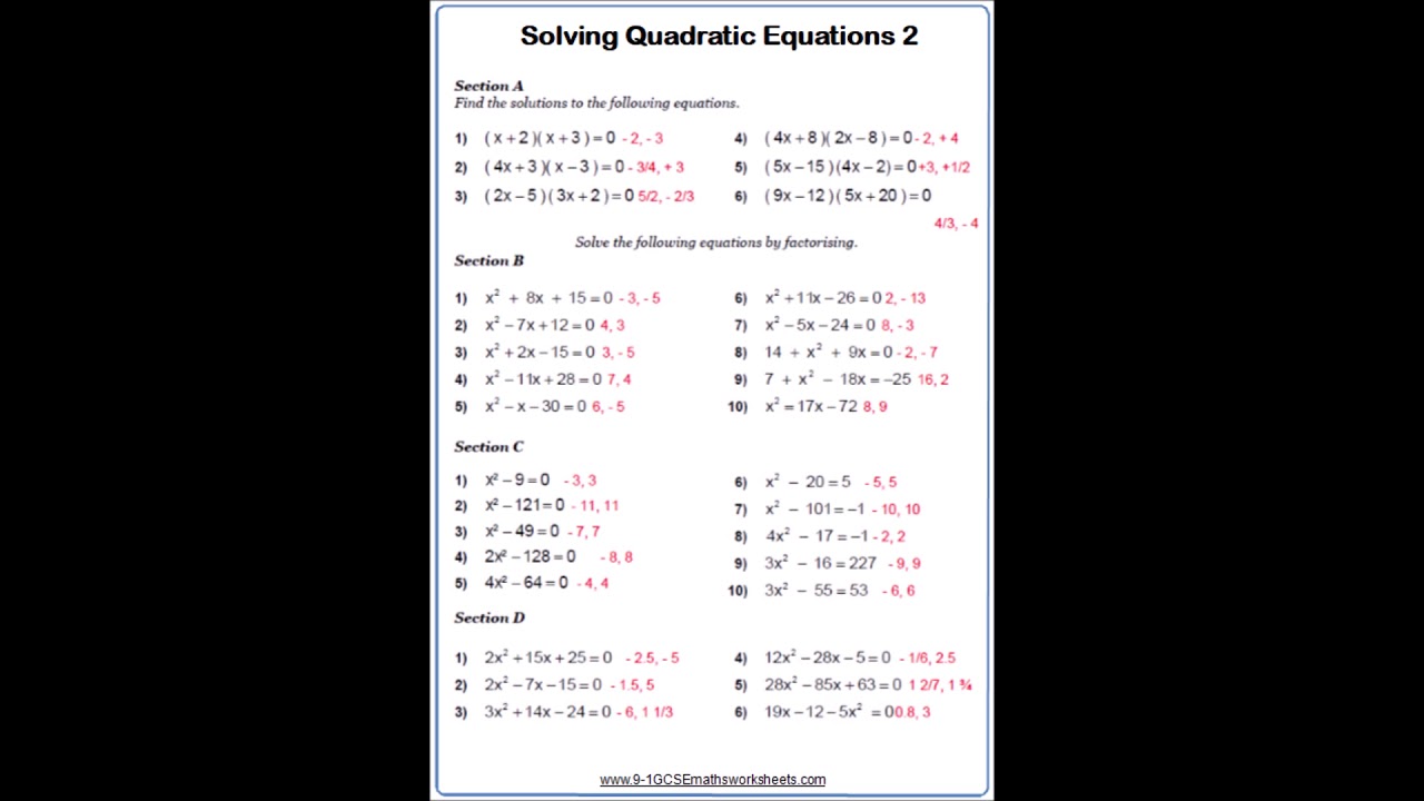 Free Maths Worksheet Quadratic Equations