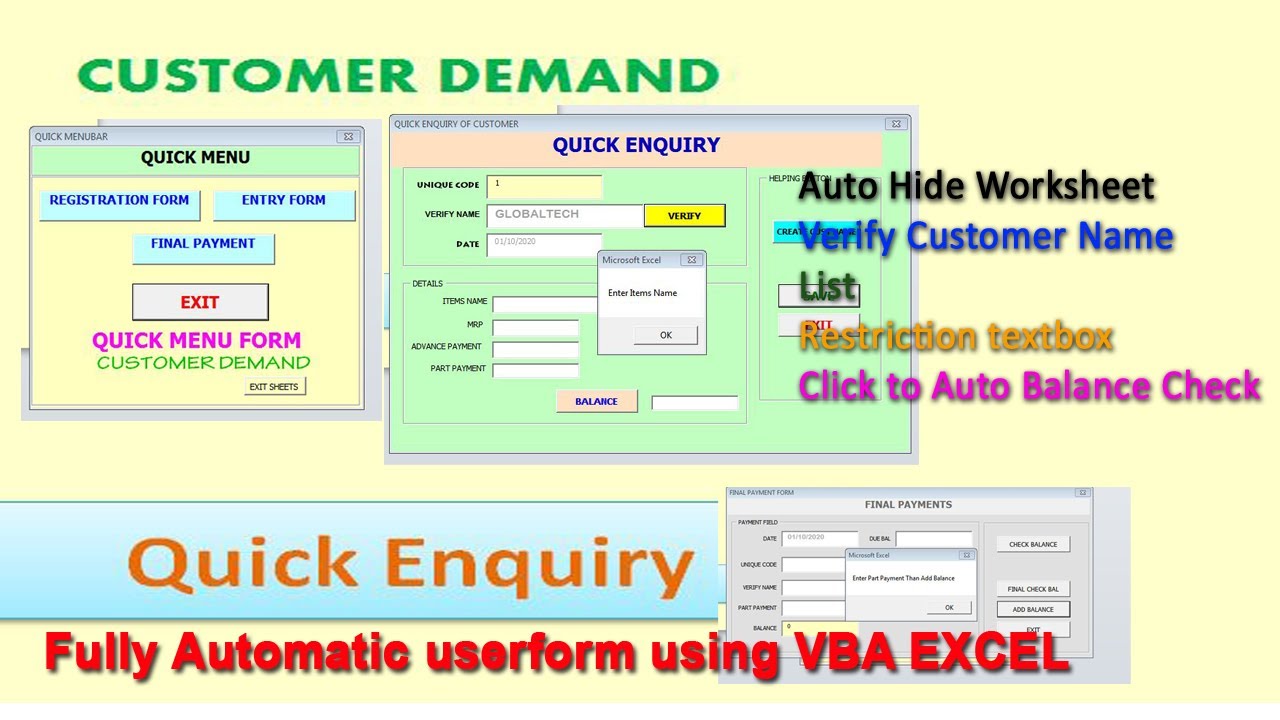 Fully Automatic UserForm using VBA EXCEL | Add customer registration and final payment