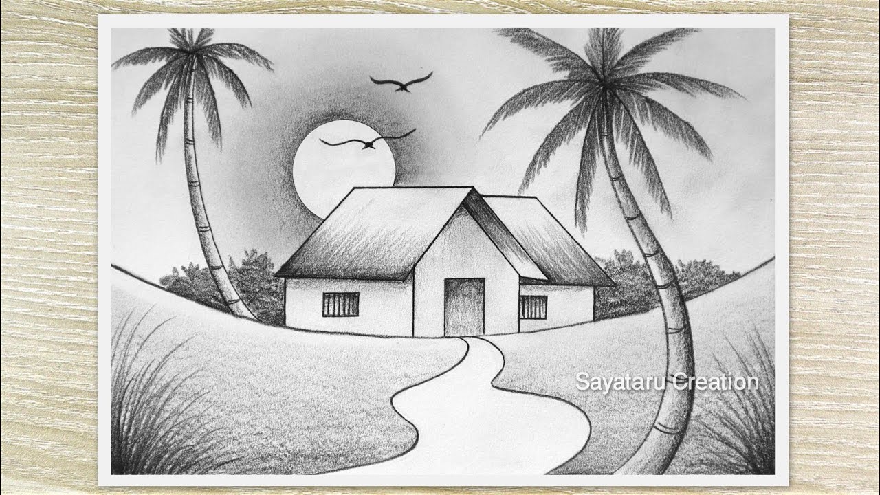 Beautiful Sunset Landscape Drawing with Pencil, Pencil Shading, Pencil Art easy