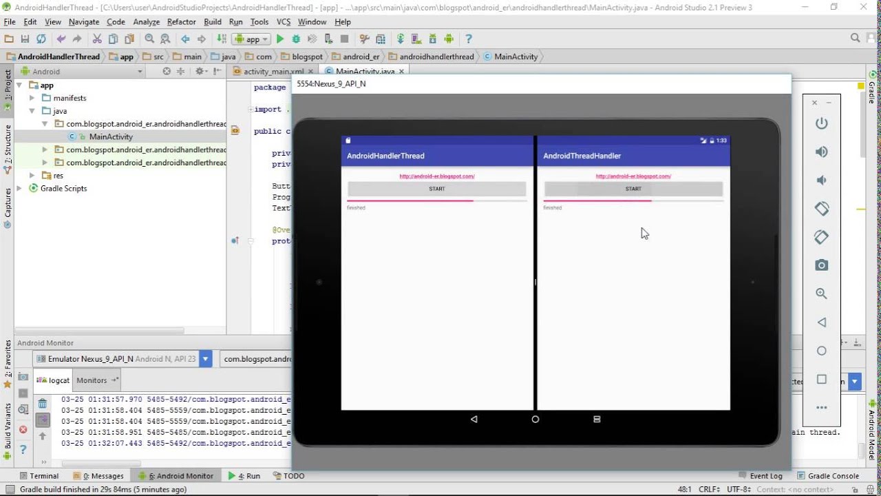 HandlerThread example (and Thread + Handler)
