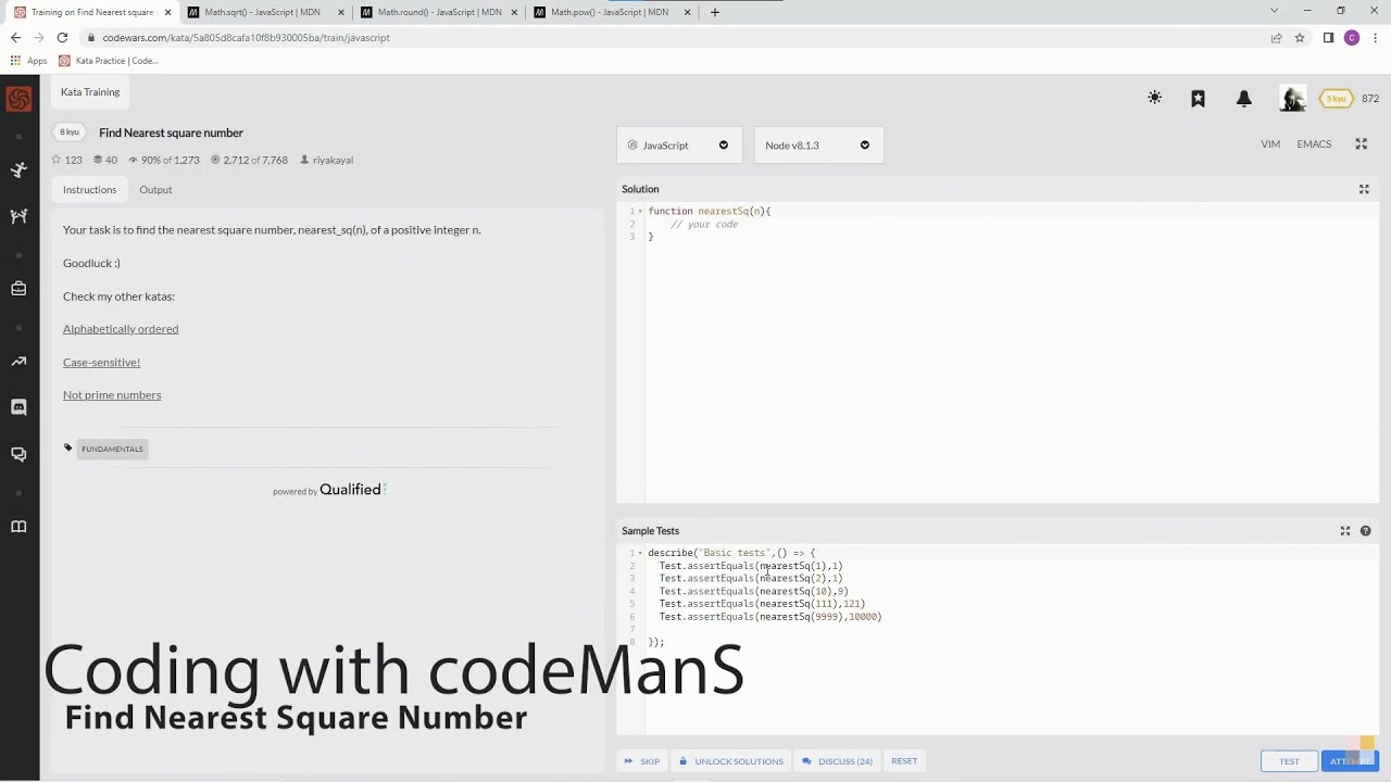 (Archived) Codewars 8 kyu Find Nearest Square Number JavaScript