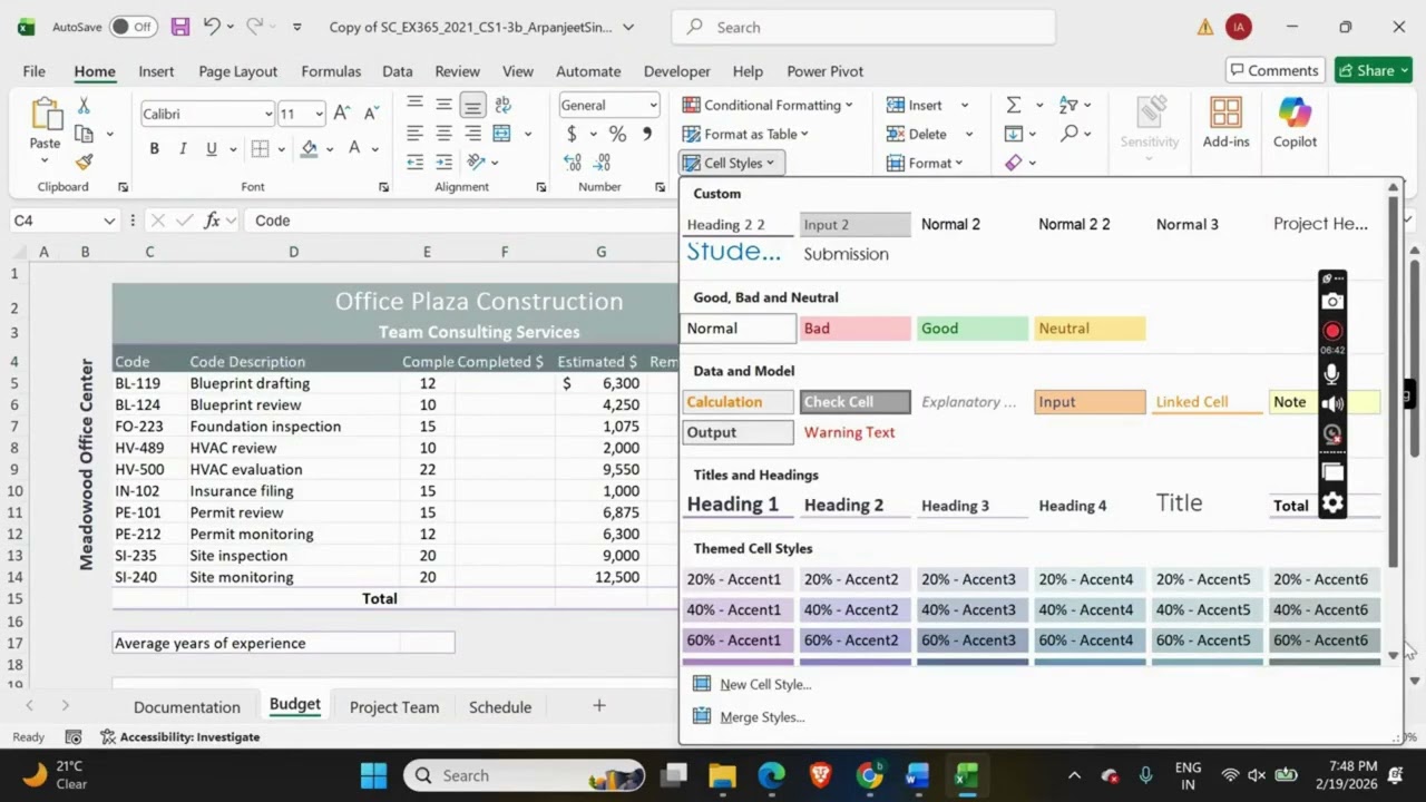 Excel 365/2021 | Modules 1-3: SAM Capstone Project 1b Forward Construction #shellycashman