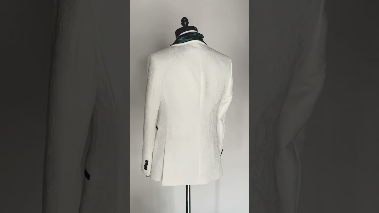 4-Piece Off White & Green Wide Shawl Lapel Tuxedo with velvet vest and pants