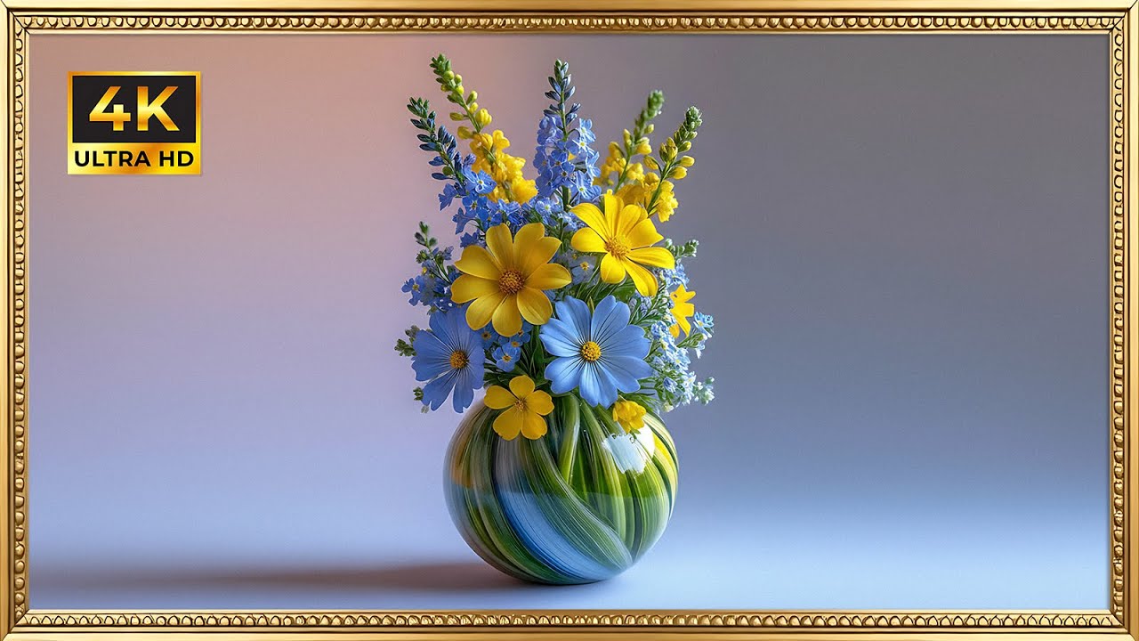 Vibrant Blue & Yellow Wildflower Bouquet | Gold Framed 4K Art Screensaver |​ Floral TV Wallpaper