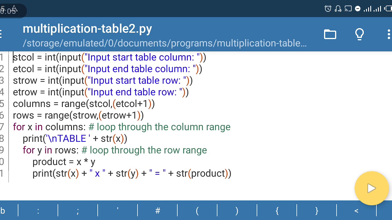 Python Multiplication Table of Specified Number of Columns & Rows Using Python User input() Function