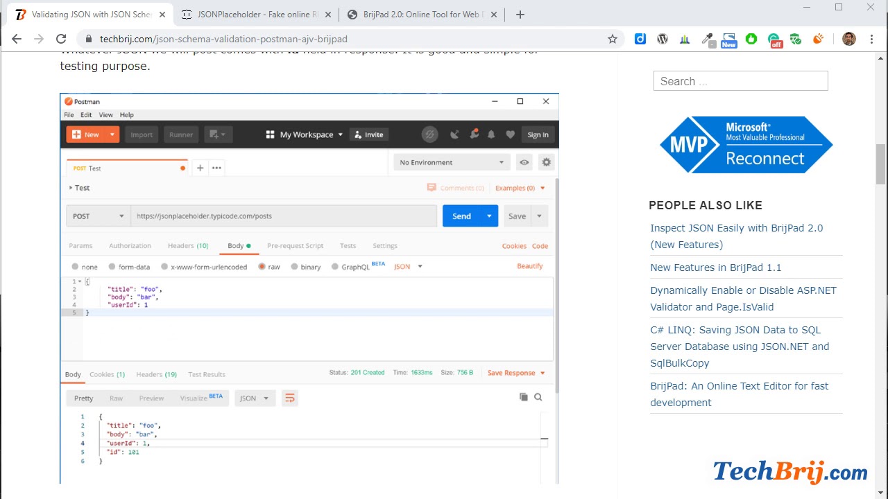 JSON Validation with JSON Schema using BrijPad and Postman