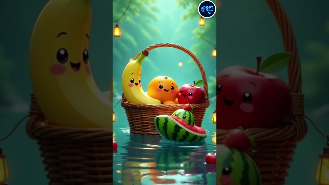 The Golden Hour Dream: A Floating Picnic Basket and Expressive Fruit Characters