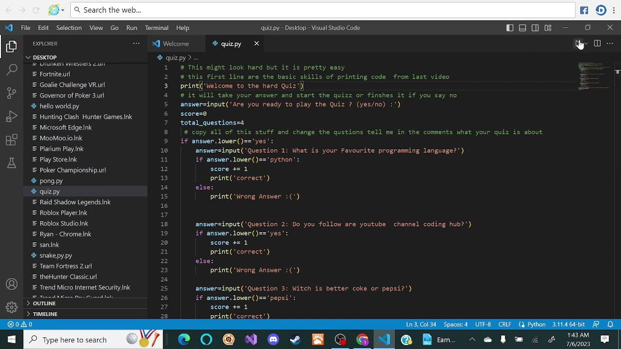 Part 2 Writing python code quiz