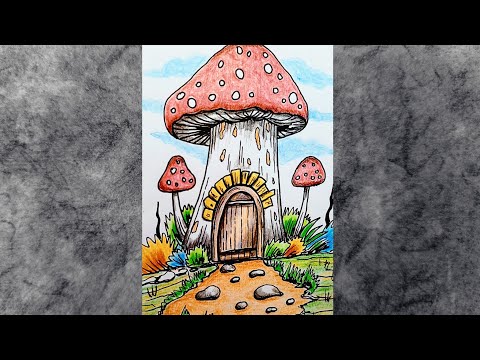 Mushroom Fairy House Drawing with Colored Pencils and Ink