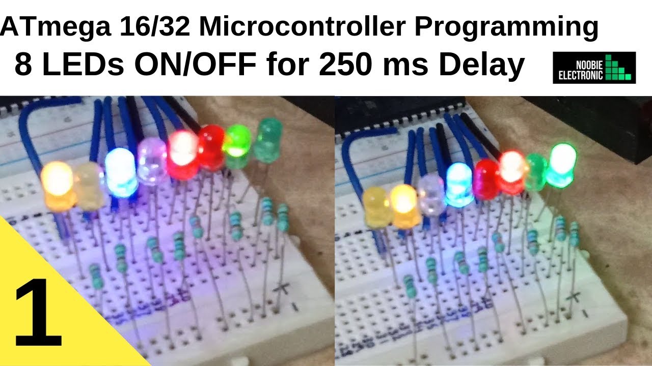 ATmega 16/32 Microcontroller Programming Tutorial : 8 LEDs ON/OFF for 250 ms Delay