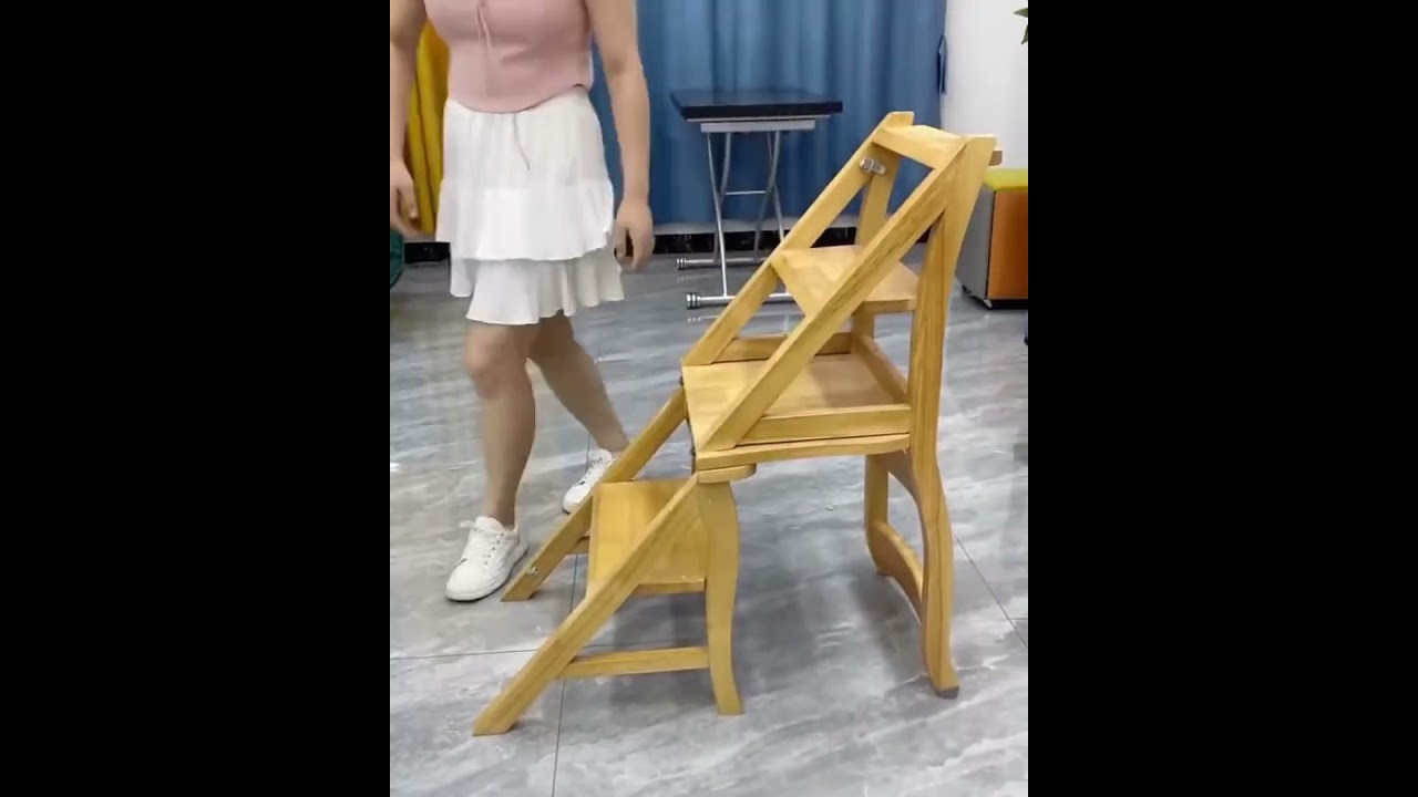 Solid Wood Folding Ladder Chair Protable 4-Step Library Ladder, Convertible Folding Chair Step Stool