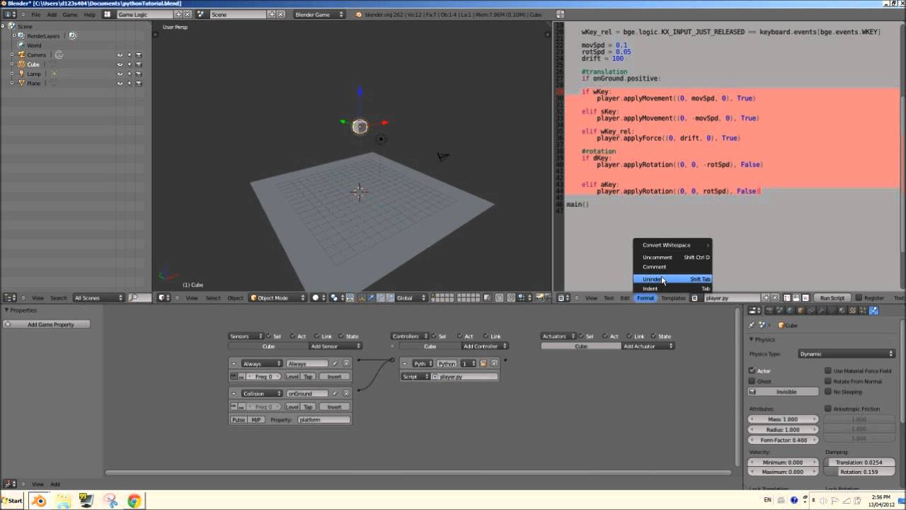 [HD] Blender 2.6 Game Engine Python Scripting Tutorial - Sensors & Actuators - Part 01