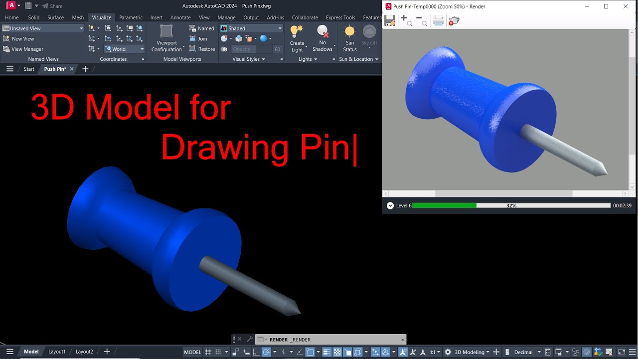 3D Model of Drawing Pin Or Push Pin in AutoCAD |  Product Design in AutoCAD