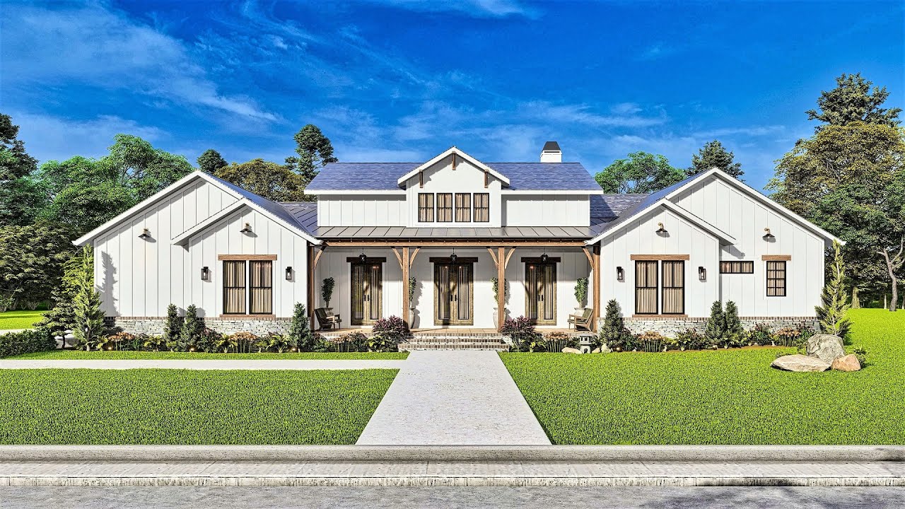 4-Bedroom 1-Story Modern Farmhouse with Outdoor fireplace (Floor Plan ...