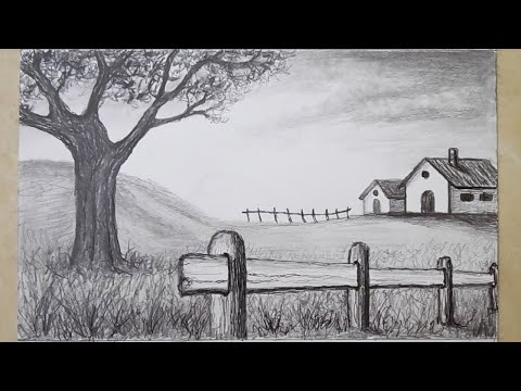beautiful nature drawing, easy sketches to draw with pencil, house scenery sketch
