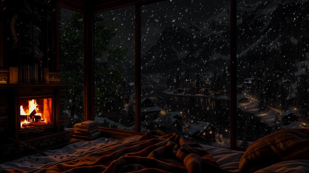 Winter Peace ❄️ Warm Fireplace, Snow Falling Outside the Window Create a Relaxing Space & Deep Sleep