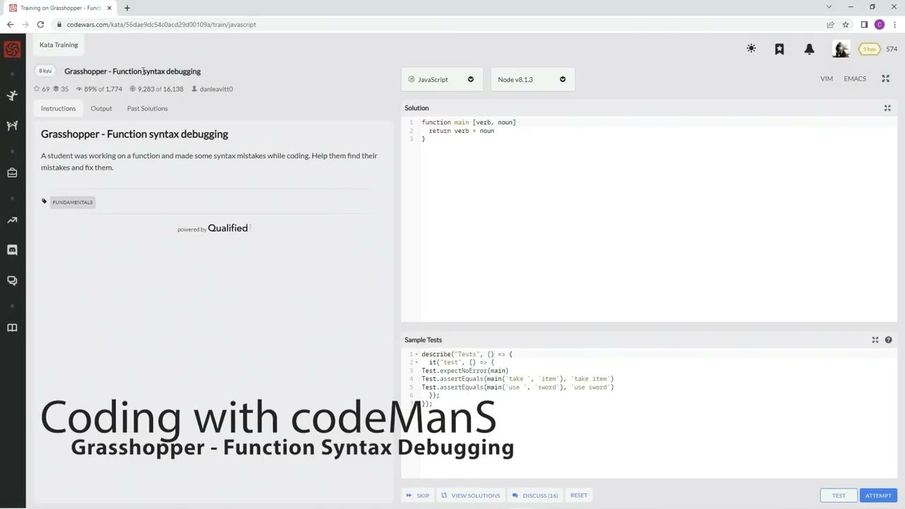 Codewars 8 kyu Grasshopper - Function Syntax Debugging JavaScript