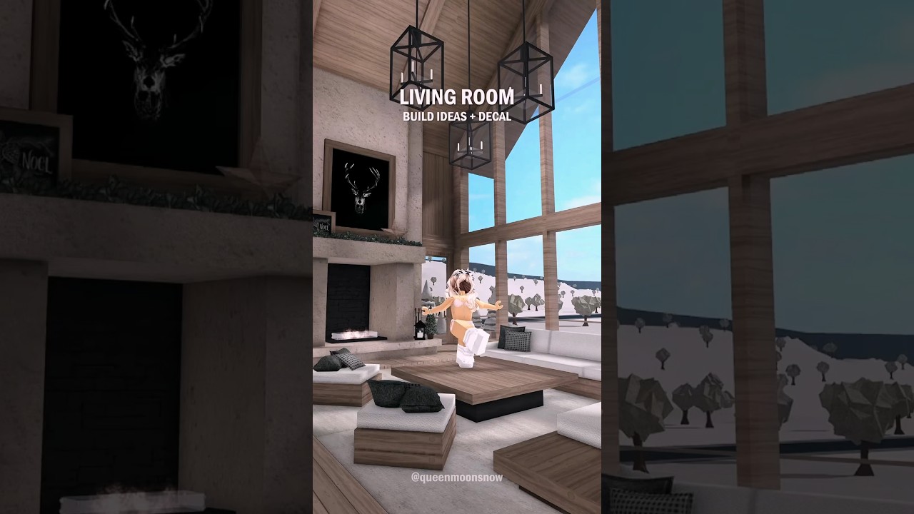 Glass house living room, custom fireplace, decal, and chandelier build ideas 🤍 #bloxburg #roblox