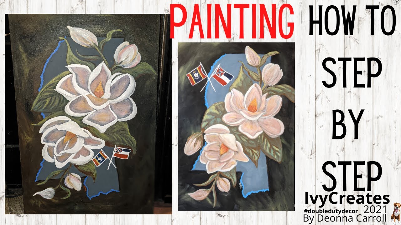 Easy painting how to step by step Mississippi state flower southern Magnolia🌳🌼🌼🌼🌳