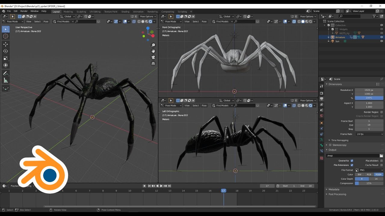 Spider's rig and animation in Blender 2.8+