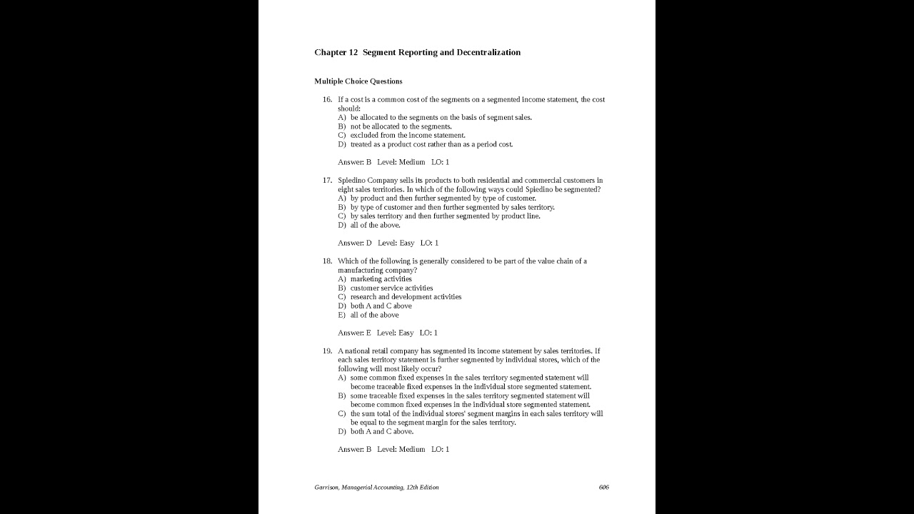 TEST BANK For Managerial Accounting Chapter 12 Segment Reporting And DecentralizATIon