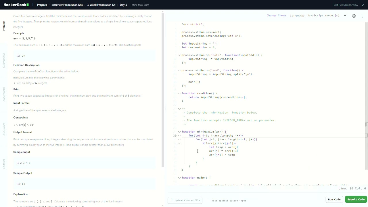 Mini Max Sum   HackerRank   using javascript