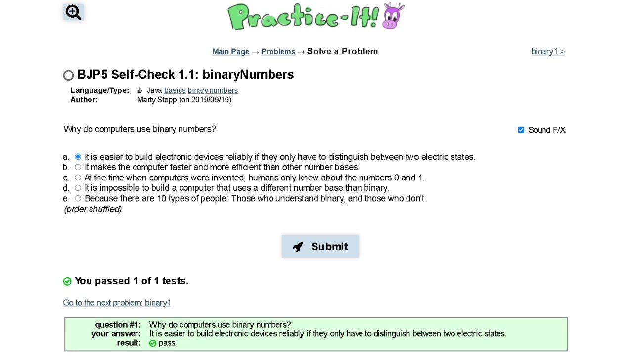 Java Practice-it Introduction to Java Programming | Self-Check 1.1 binaryNumbers |