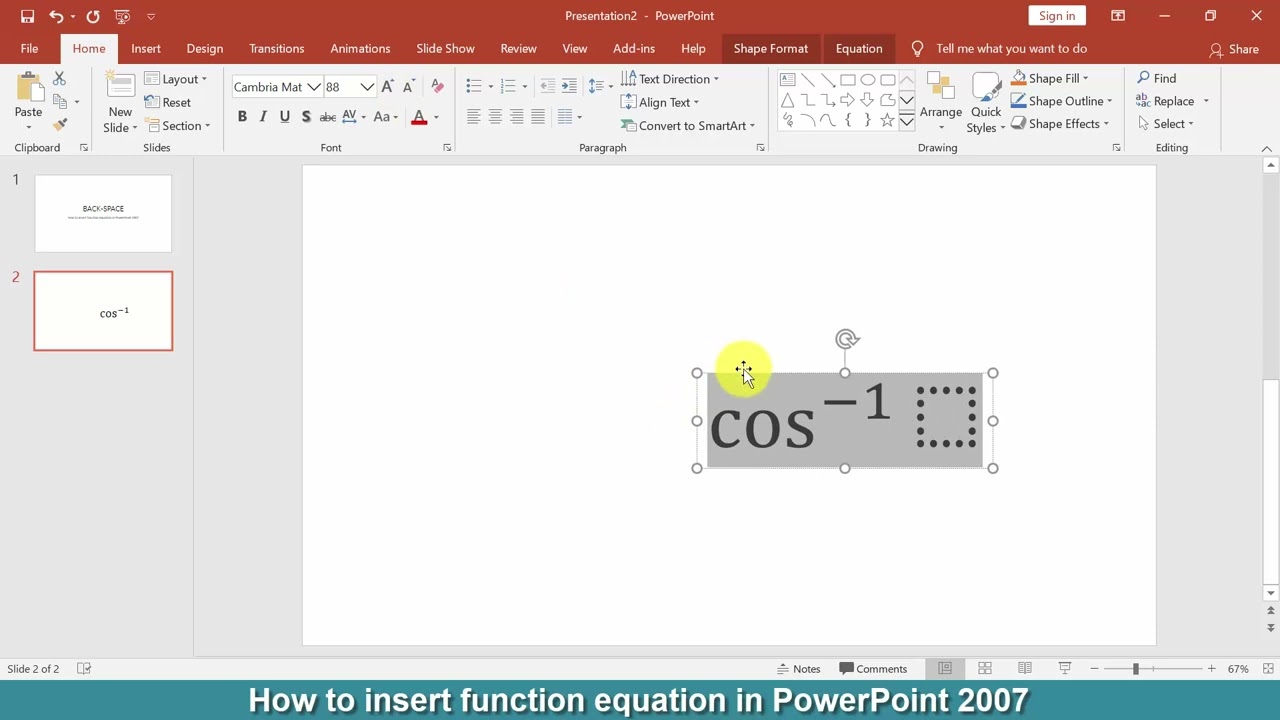 How to insert function equation in PowerPoint 2007