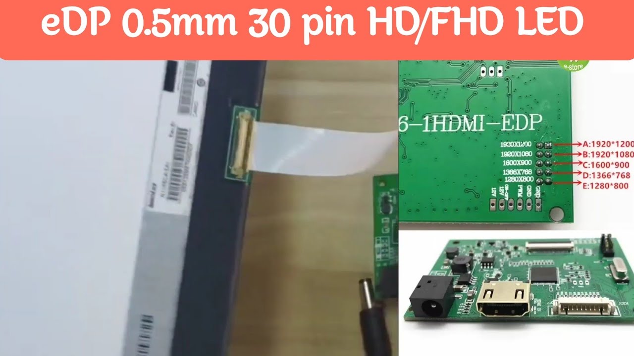 eDP 30 Pin Ultra Laptop Screen LCD Controller Board HDMI 12V Supply Jumper Selection Resolution