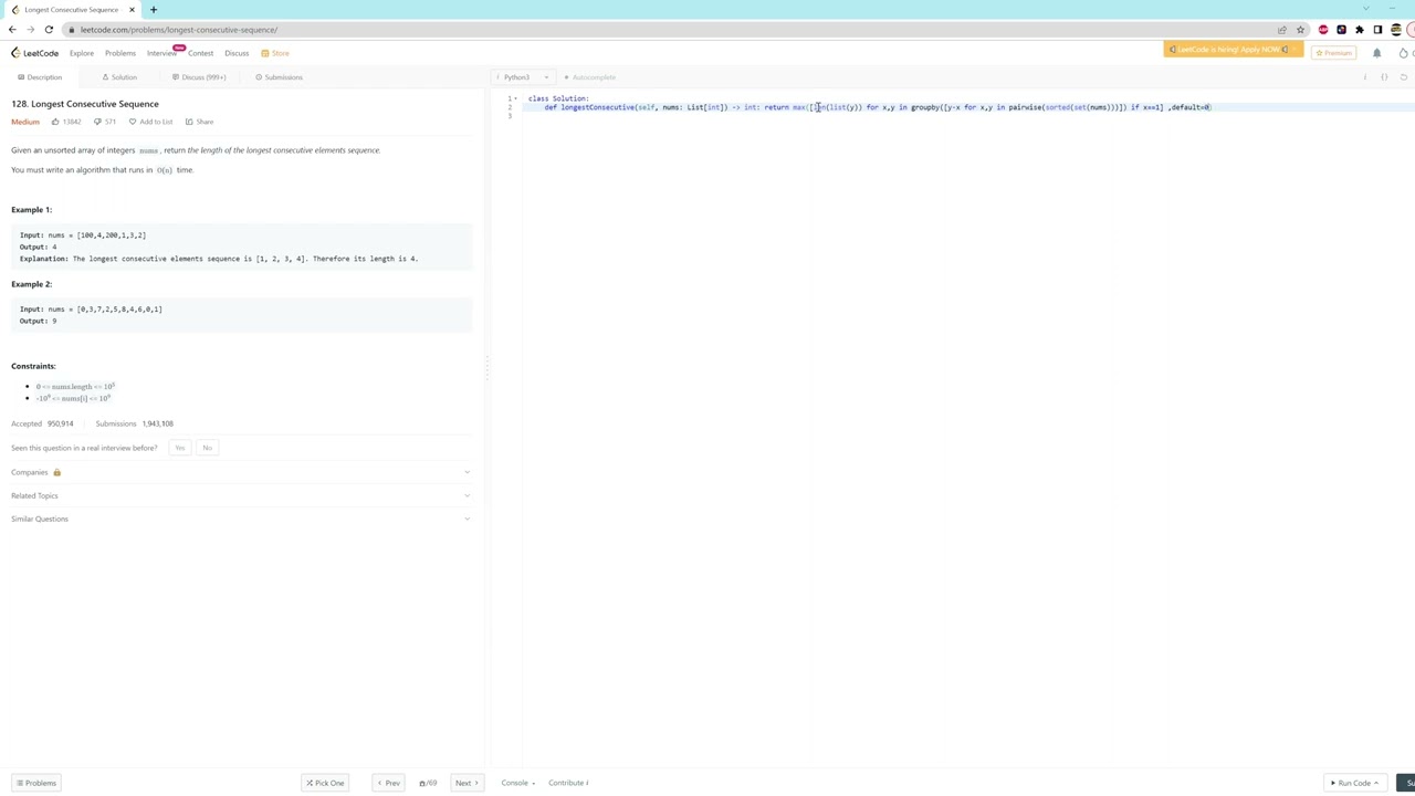 128. Longest Consecutive Sequence - Python - One Line