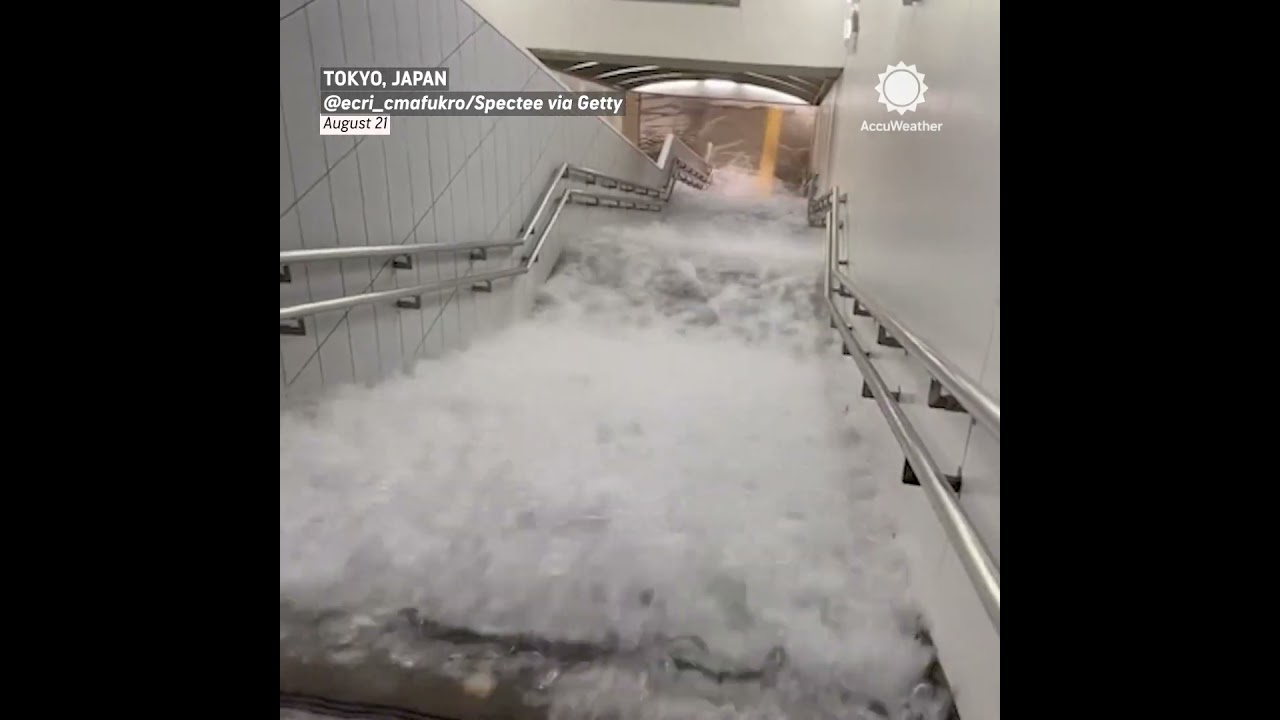 Floodwater Tumbles Down Stairs in Tokyo Subway