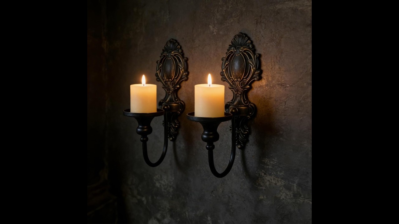 Gothic Wall Candle Holders Set of 2 | Vintage Black Wrought Iron Wall Sconces Home Decor