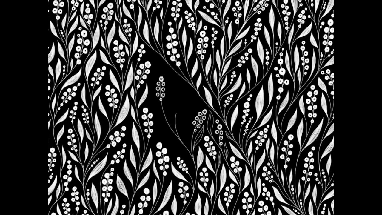 Seamless pattern with abstract white flowers and leaves on black background