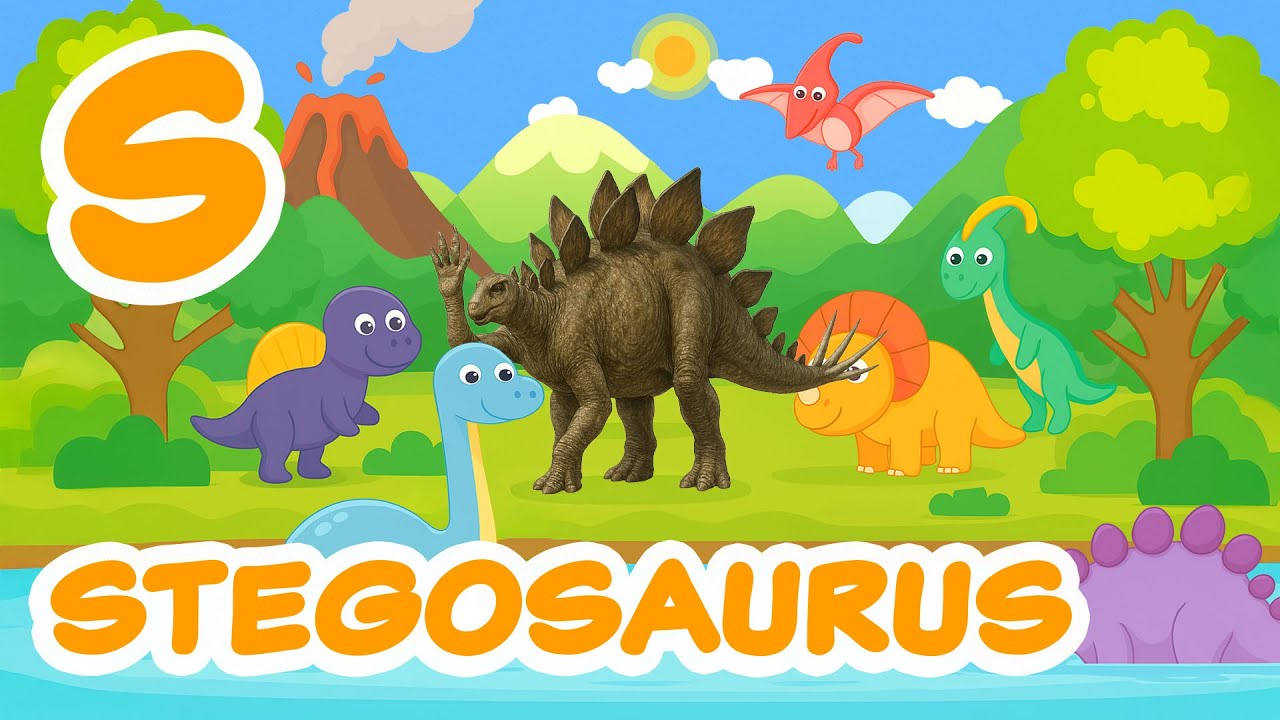S is for Stegosaurus 🦕 | ABC Dino Songs | Whimsical Cartoon Vector Art