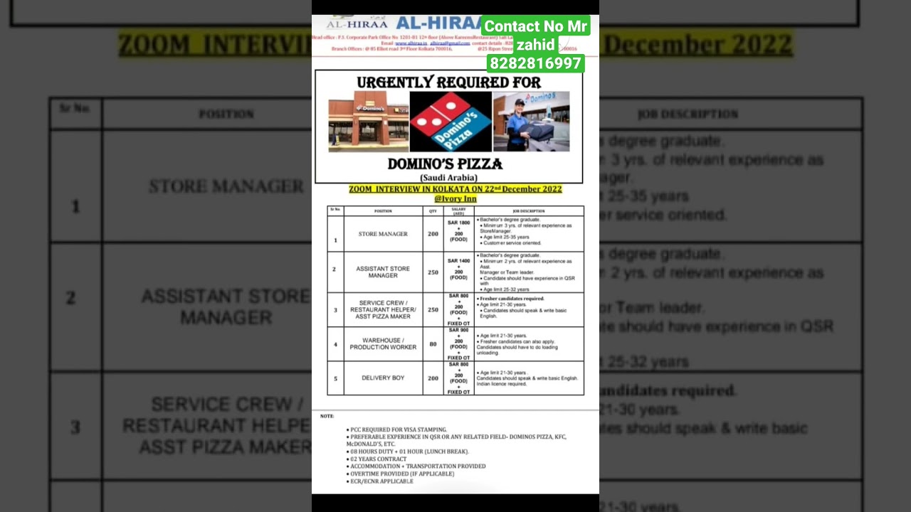 dominos PIZZA🍕vacancy#shorts#ytshorts#saudi job#interview on 22dec kolkotta#@jaybiswal0619