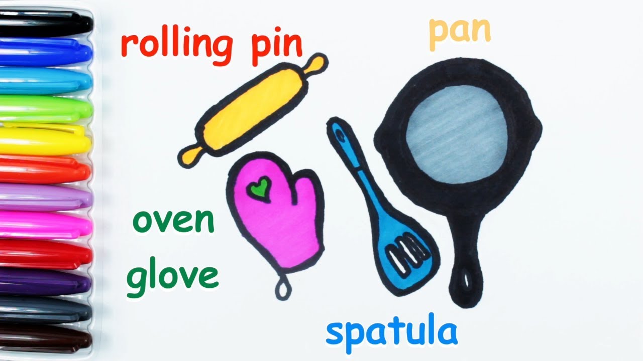 How to draw rolling pin, oven glove, spatula and pan-Learn colors-English for kids-Coloring pages