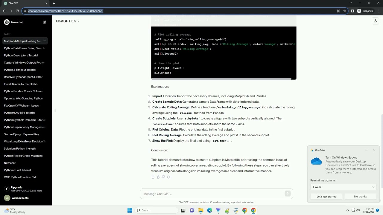 Python Matplotlib wont show rolling averages over existing subplot