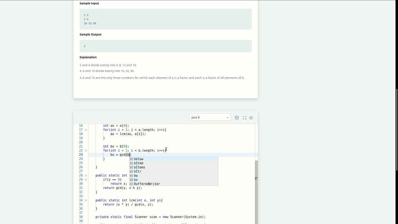 Hackerrank Between Two Sets Java Solution