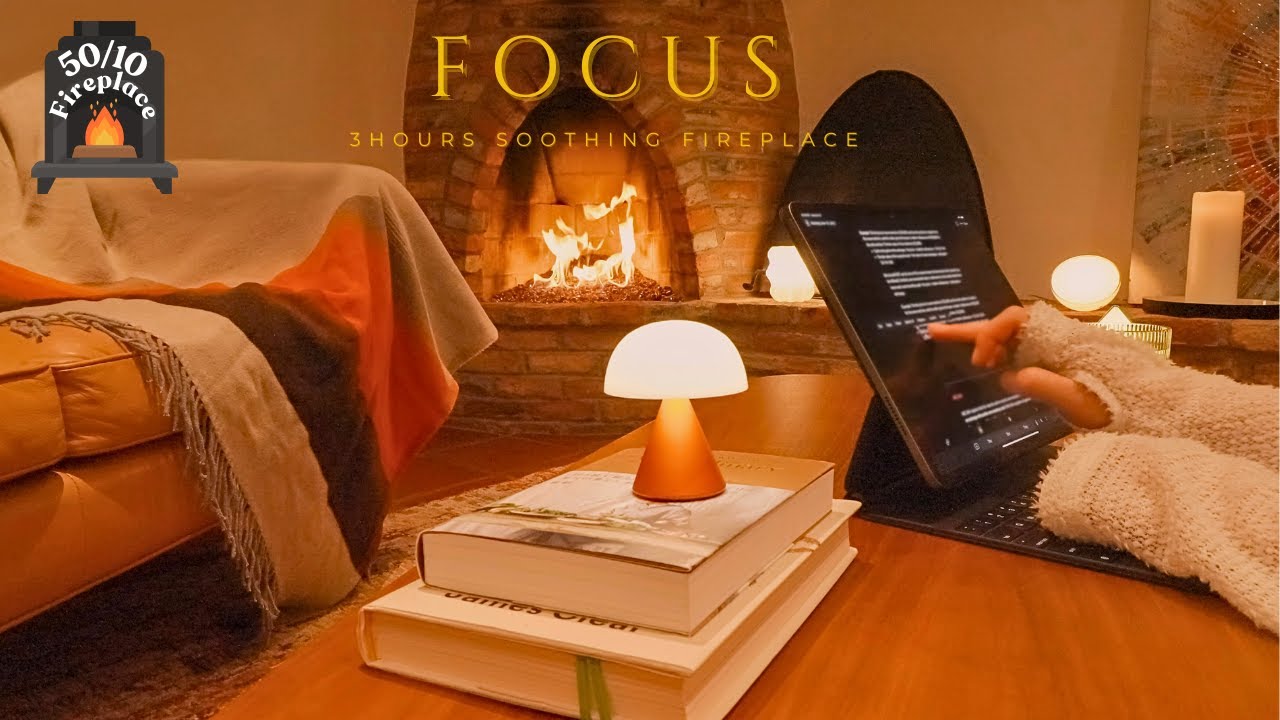 3-Hour Study With Me by the Fireplace 🔥| 50-10 Pomodoro Timer, Fireplace Ambience & Relaxing Breaks