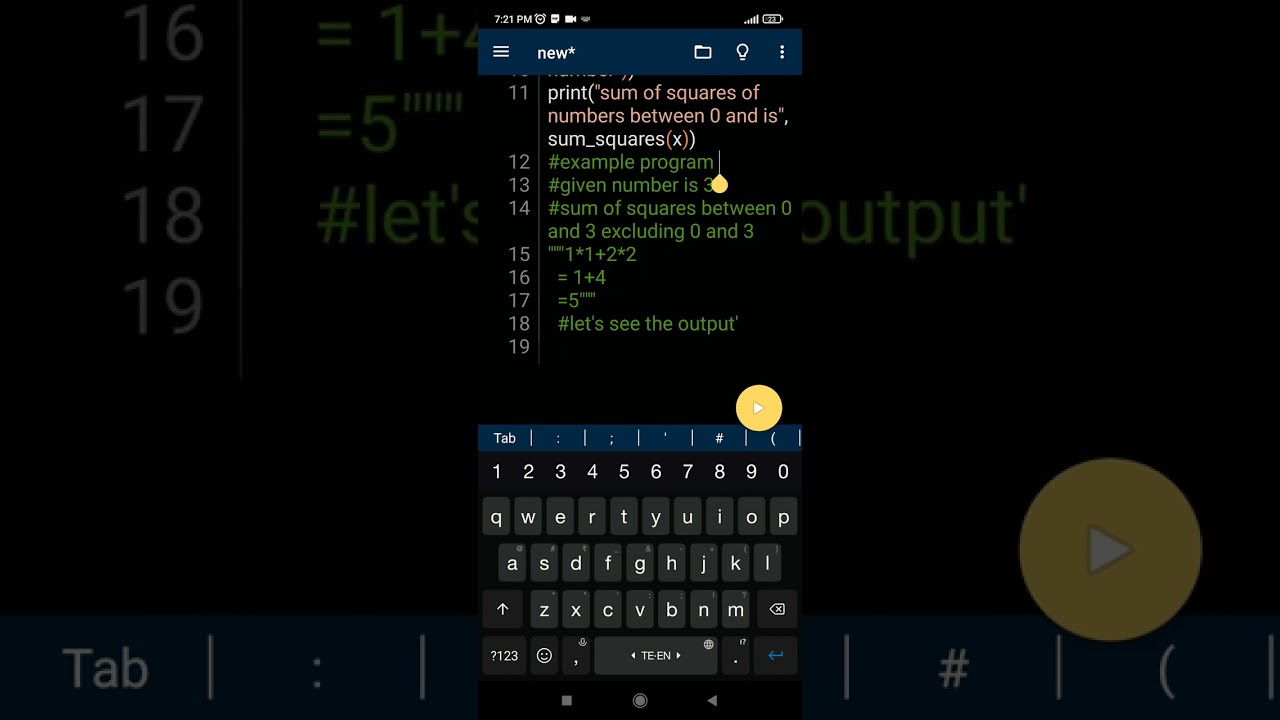 sum of squares of numbers between 0 and number program, python coding in mobile, python programming