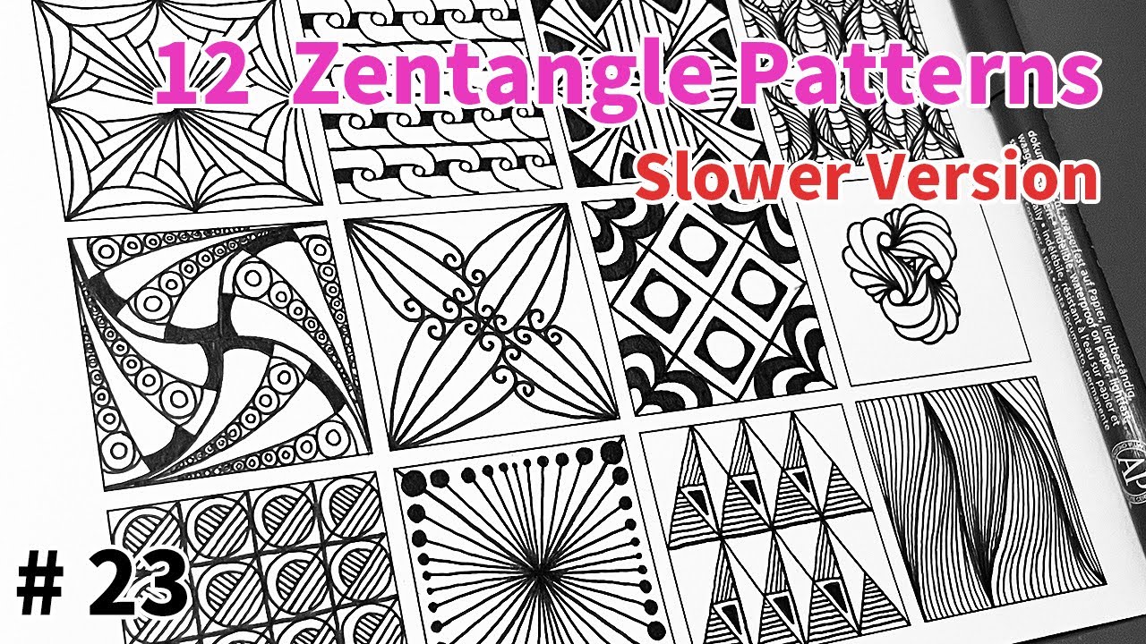 12 Zentangle Patterns Tutorial Step by Step for Beginners #23 | 12 Doodle Patterns | Slower Version