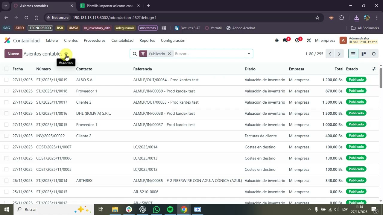 Como importar asientos contables en ODOO v 18